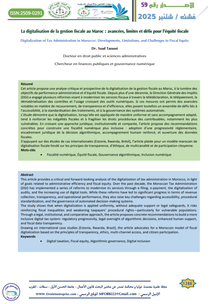 La digitalisation de la gestion fiscale au Maroc : avancées, limites et ...